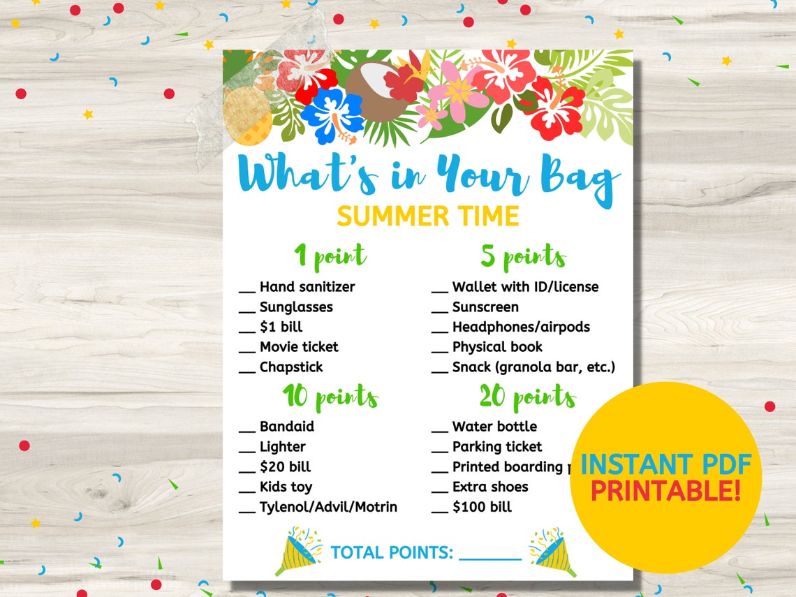 Summer What's in Your Bag Game | Printable Beach Party Activity ...