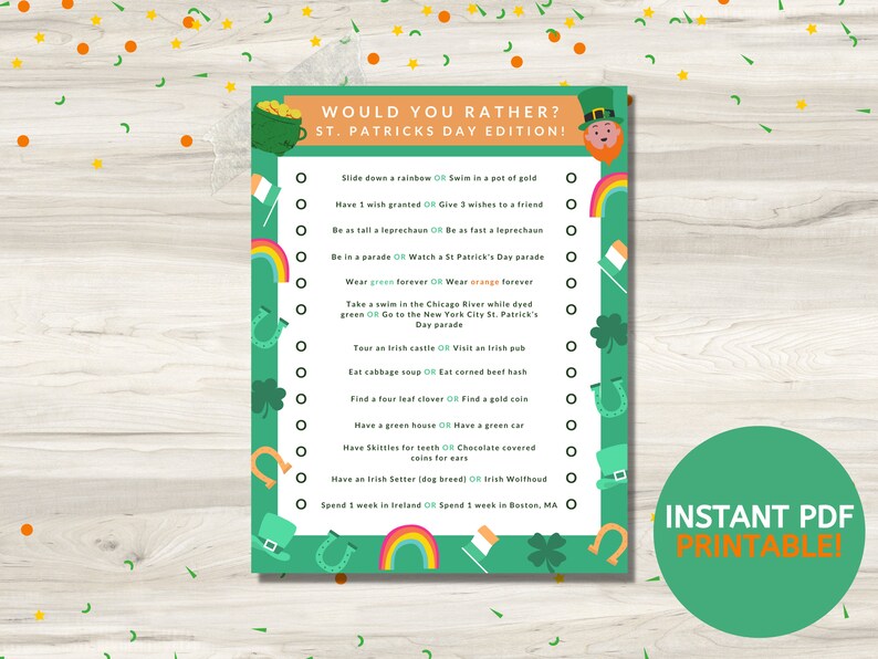 St. Patrick's Day Game Printable Would You Rather | Office Party ...