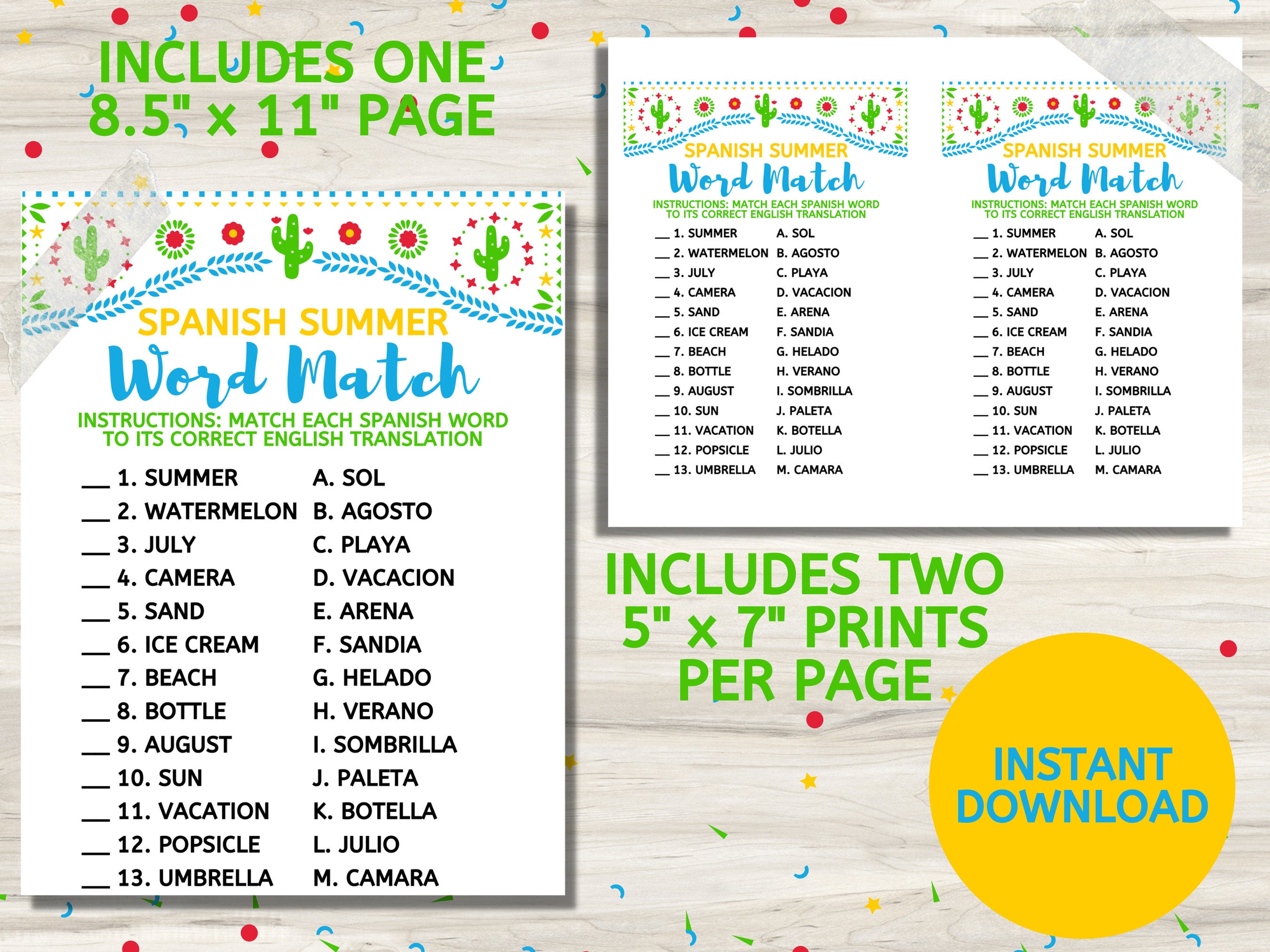 Spanish Printable Word Match Summer Activity Game Summer Fiesta Family ...