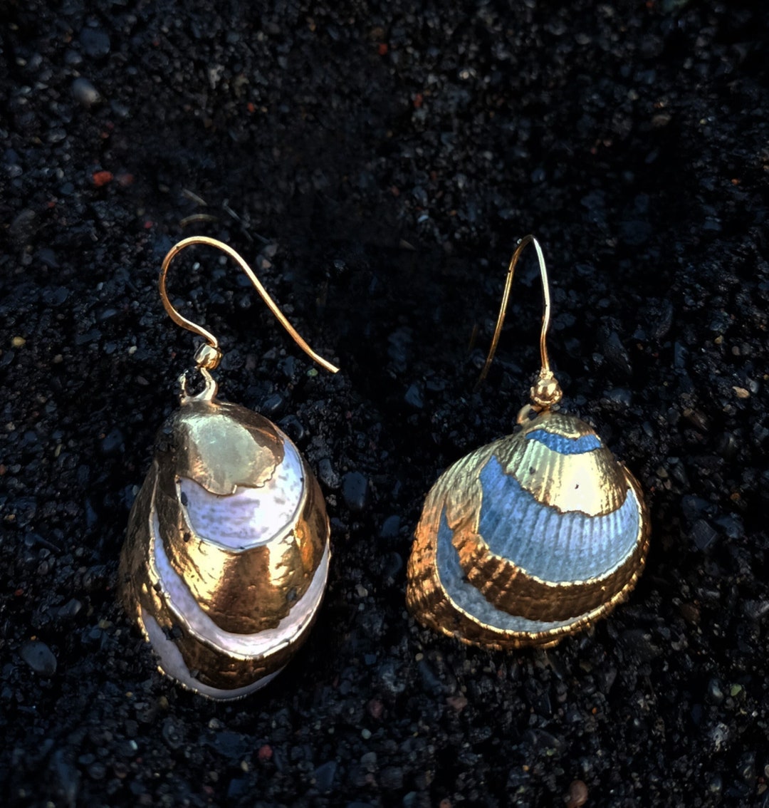 Zyre- Asymmetrical Shell and Gold Earrings, Modern Mismatched Drop ...