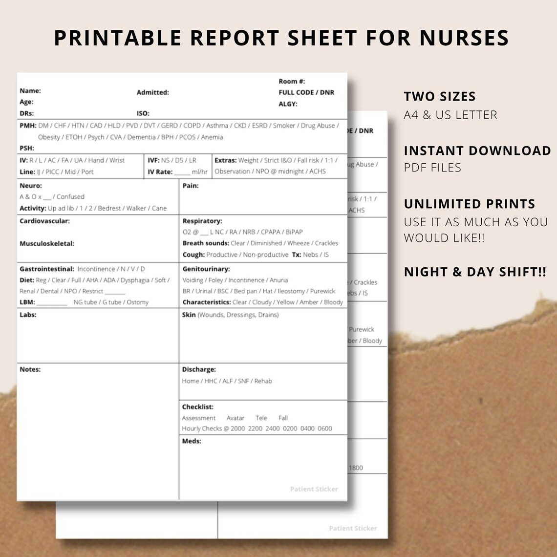 Nursing Report Sheet - Printable Nurse BRAIN Sheet - Med Surg Template ...