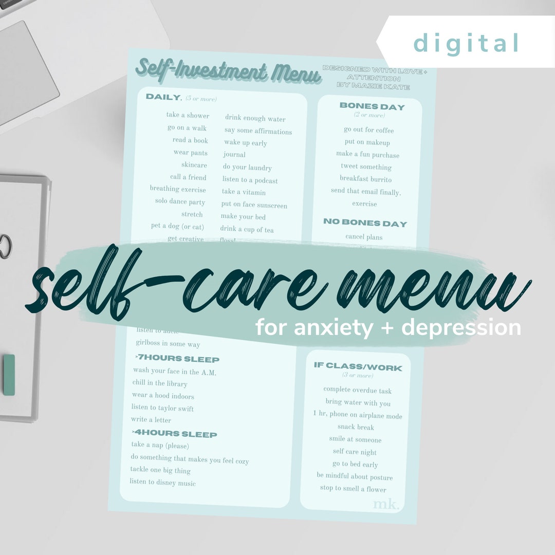 Daily Self-care Menu and Planner for Depression and Anxiety | Self-care ...