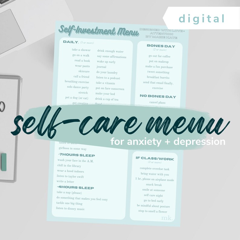 Daily Self-care Menu and Planner for Depression and Anxiety | Self-care ...