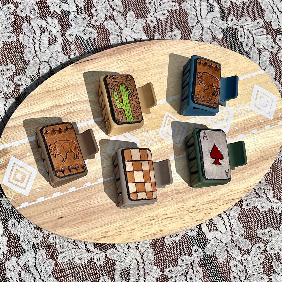 Tooled 2in Claw Clip Ready to Ship Real Leather Authentic Cactus ...