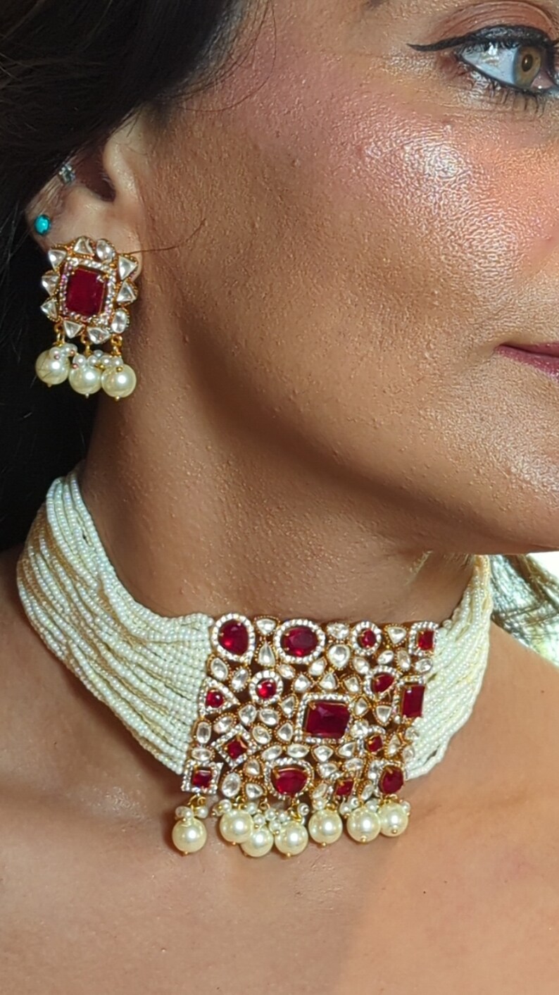 Flawless Monzonite and Red Doublet Choker Set, With Amazing Earrings ...