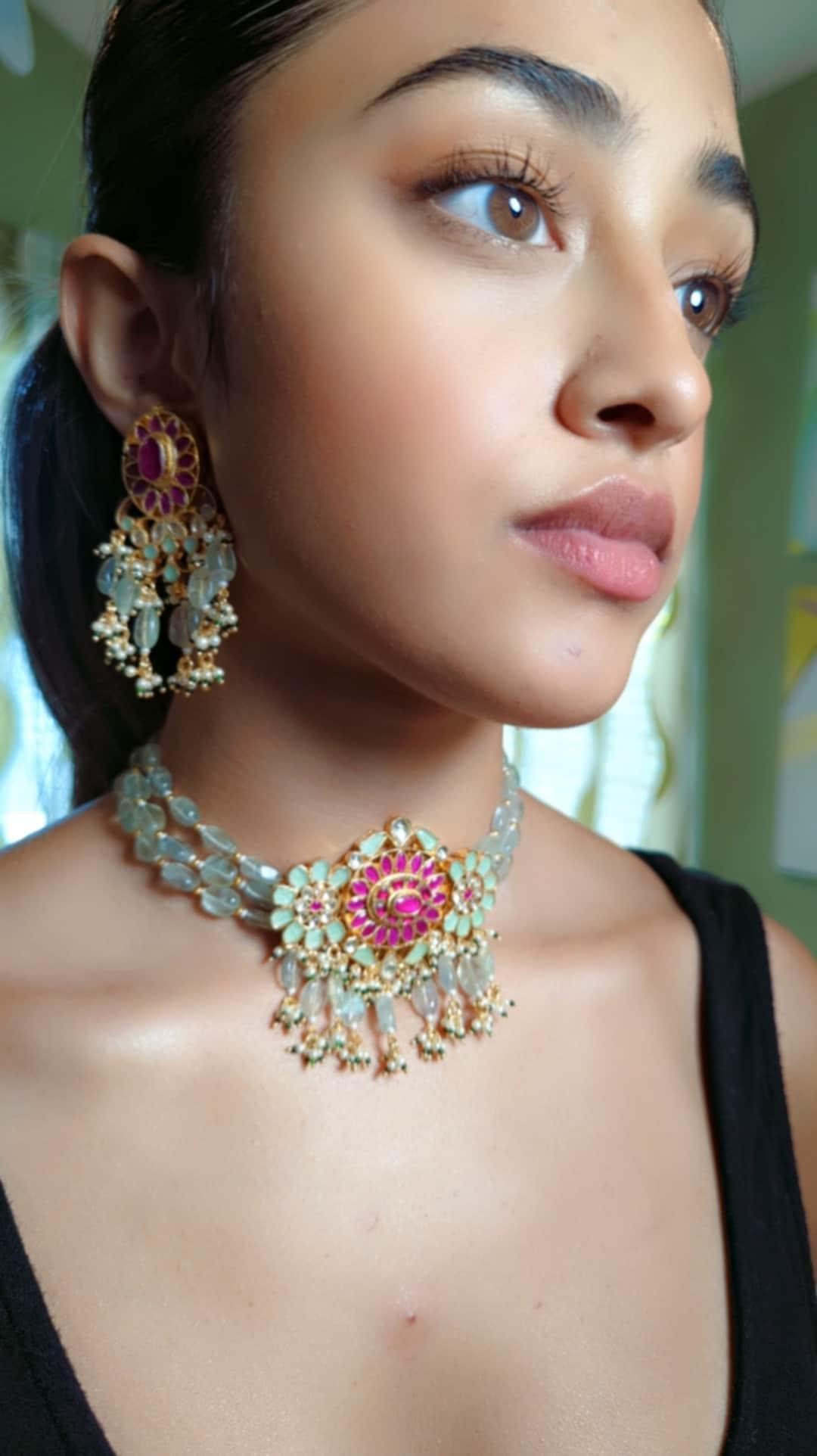 Paachi Kundan Choker in Sea-green and Red Combination Beautiful Studio ...