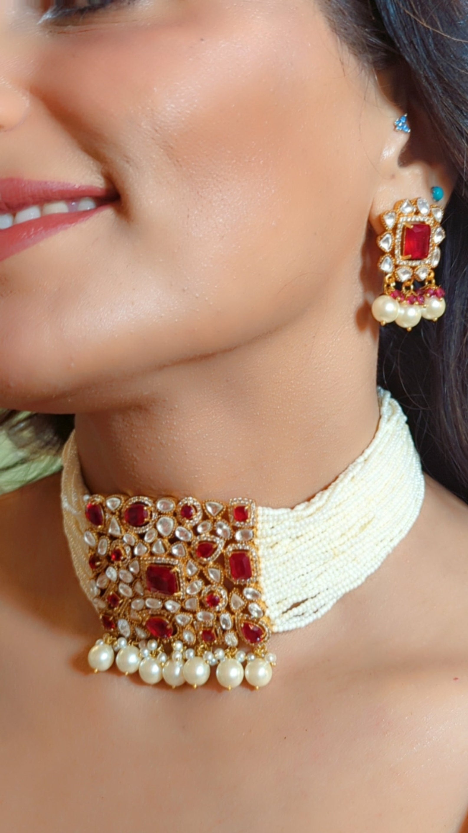 Flawless Monzonite and Red Doublet Choker Set, With Amazing Earrings ...