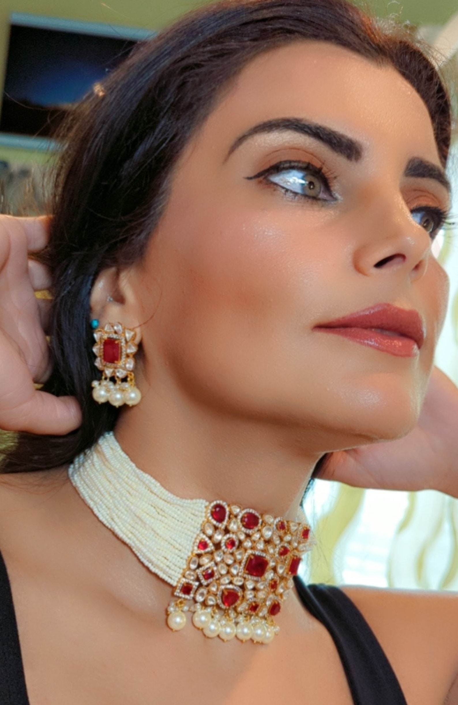 Flawless Monzonite and Red Doublet Choker Set, With Amazing Earrings ...