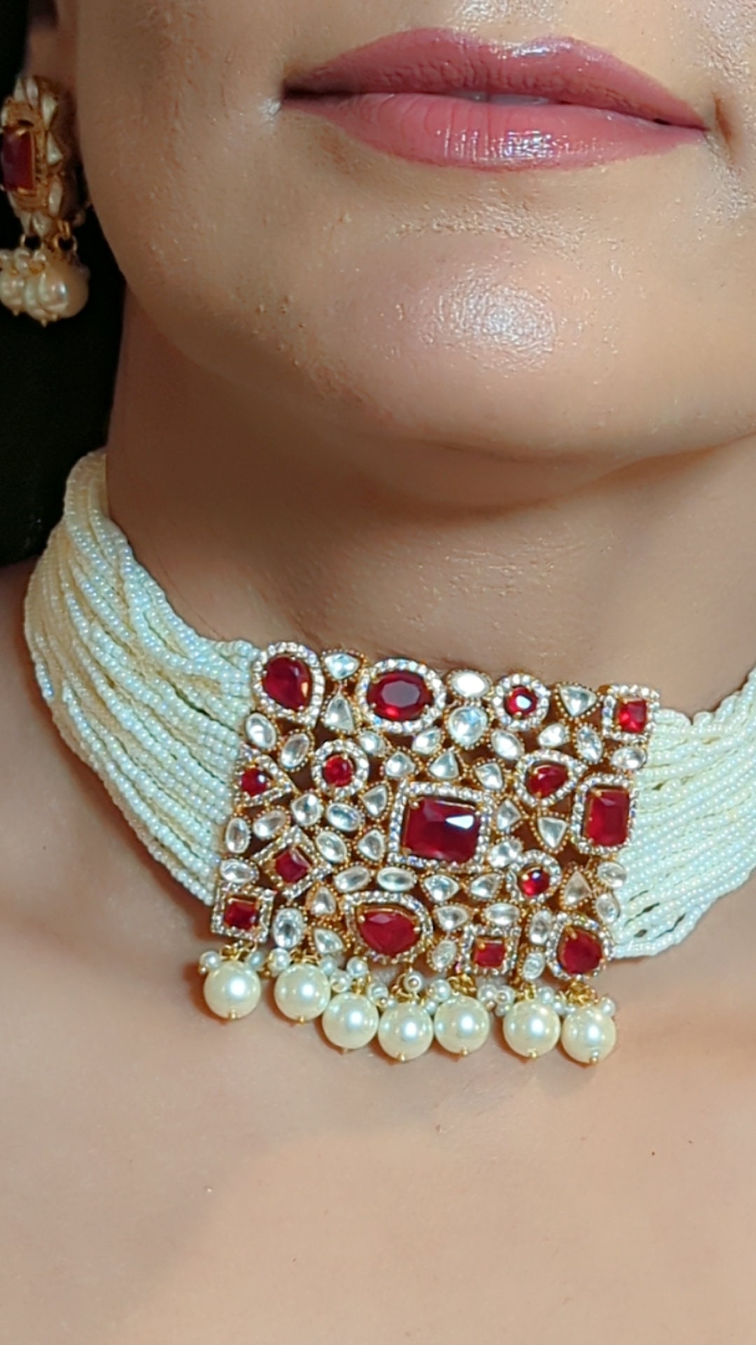 Flawless Monzonite and Red Doublet Choker Set, With Amazing Earrings ...