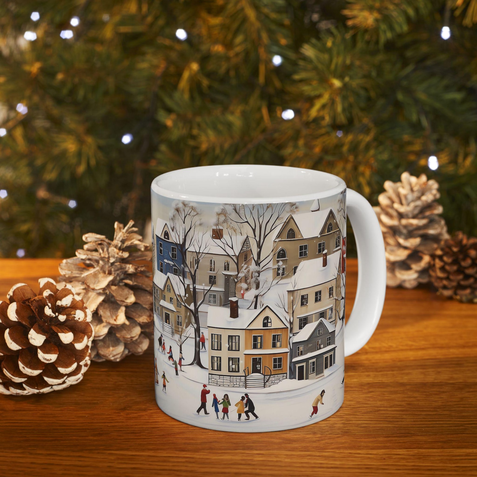 Winter Town Ceramic Mug, Happy Snow Scene Coffee Cup, Whimsical ...