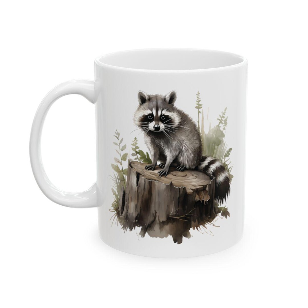 Ceramic Mug, Cute Raccoon on a Tree Stump, Woodland Animal Coffee Cup ...