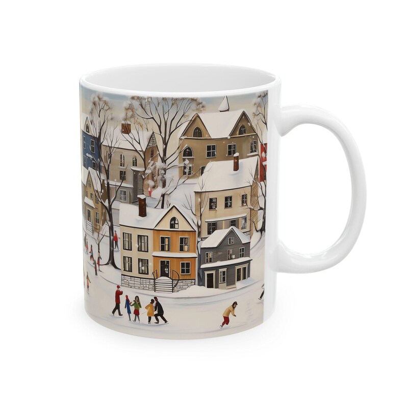 Winter Town Ceramic Mug, Happy Snow Scene Coffee Cup, Whimsical ...