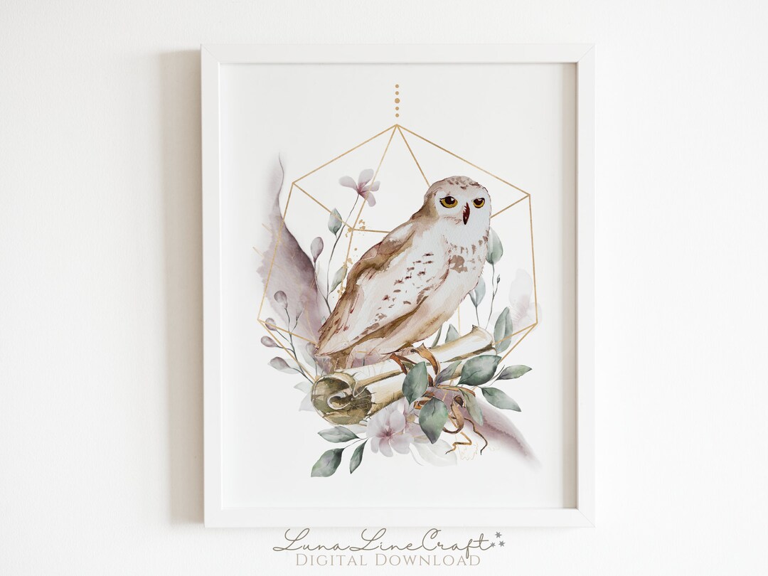 Owl With Scroll | Magical Wizard School Print | Soft Floral Watercolor ...