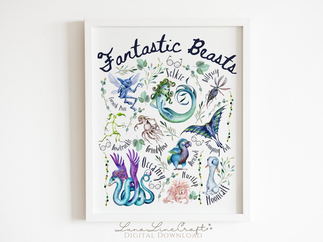 Fantastic Creature Chart Folk Art Magical Beast Botanical Watercolor ...