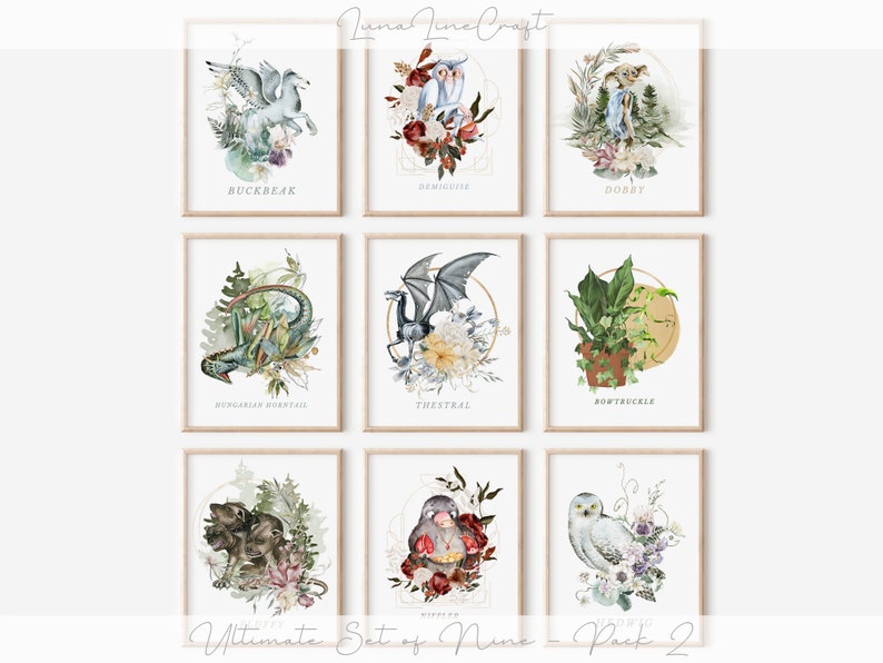 Set of Nine Magical Beasts Pack 02 Floral Watercolor - Etsy