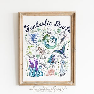 Fantastic Creature Chart | Folk Art Magical Beast Botanical Watercolor ...
