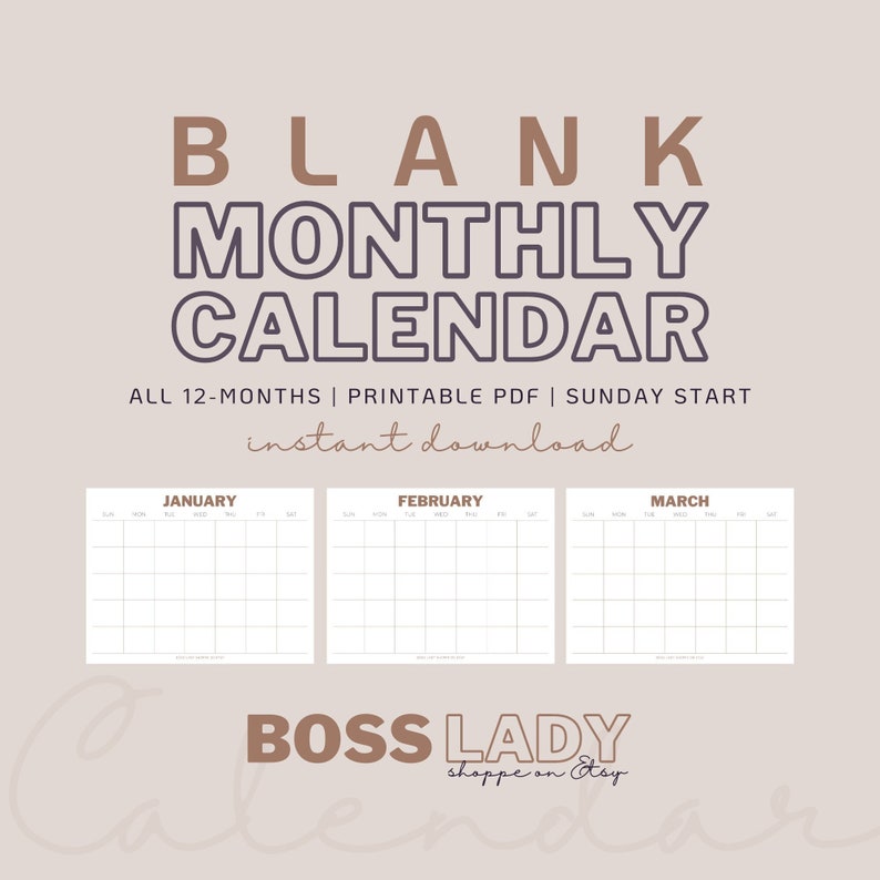 Blank Monthly Calendar, Printable Blank Calendar, Blank Calendar, PDF ...