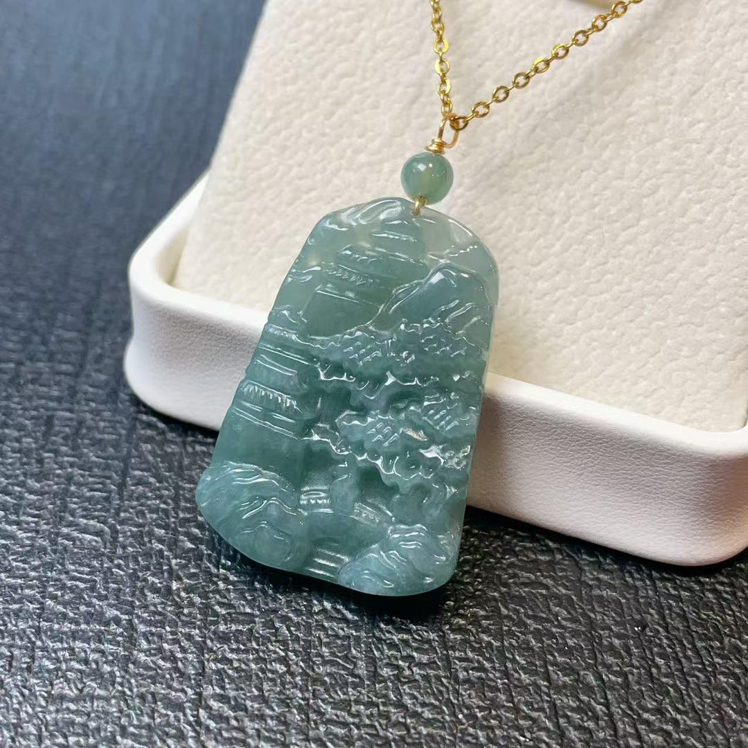 WOW! Certified Natural Blue Jadeite Pendent, Handcraft Mountain Scene ...