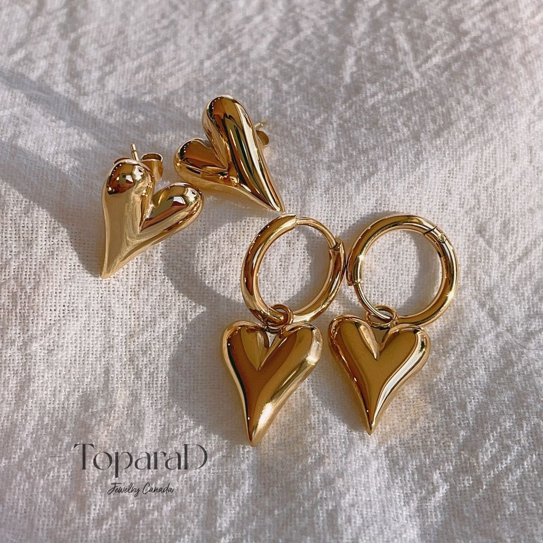 18K Gold Heart Earrings, Minimalist Gold Heart Earrings, Heart Stud ...