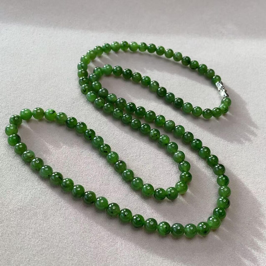 Natural Green Jade Beaded Necklace: Certified 6mm Jade Beads, 24-26" Long, Natural Nephrite ...