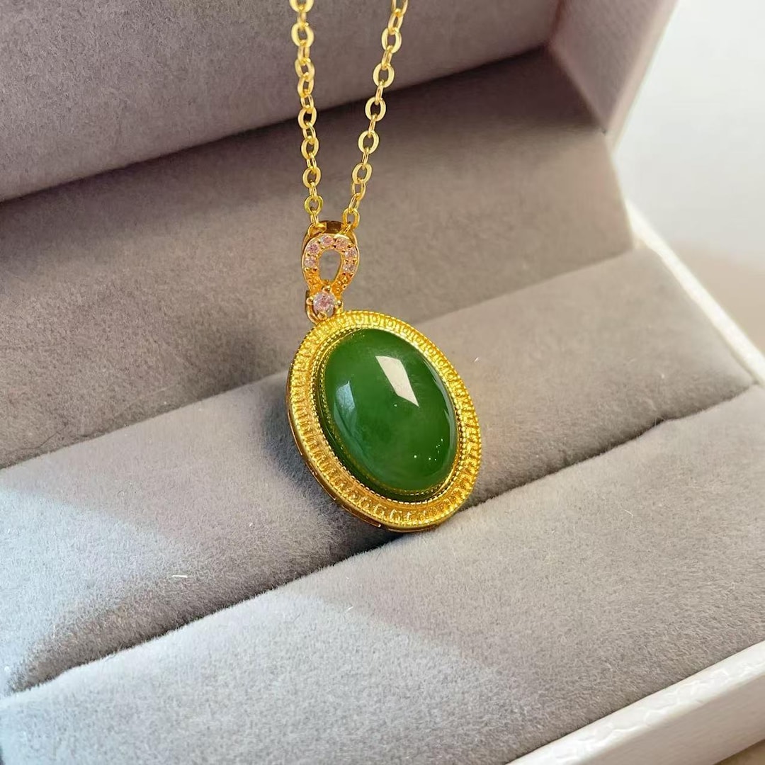 Deal! Certified Green Jade Pendent Necklace, Green Jade Oval Pendent, Natural Green Jade ...