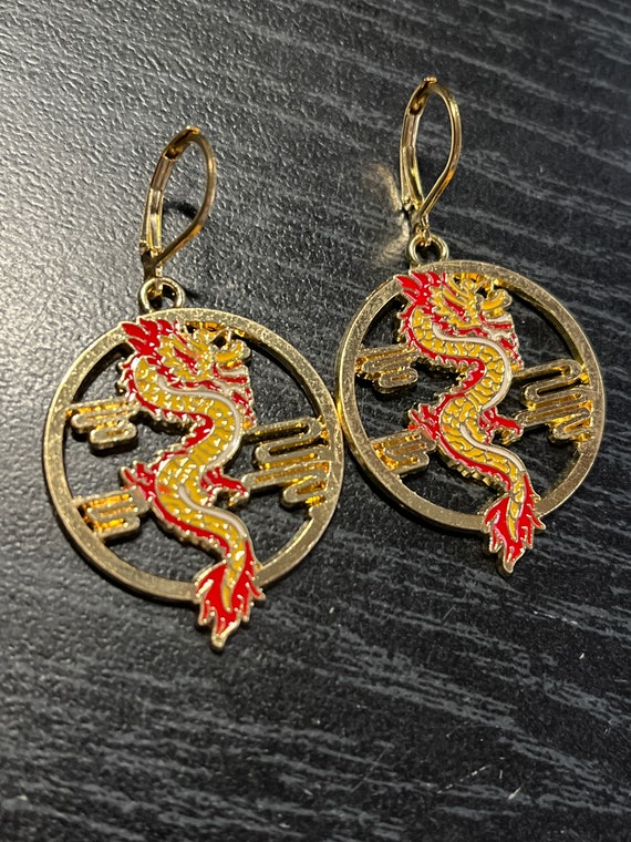 Chinese Dragon Gold and Red Enamel Earrings - Etsy
