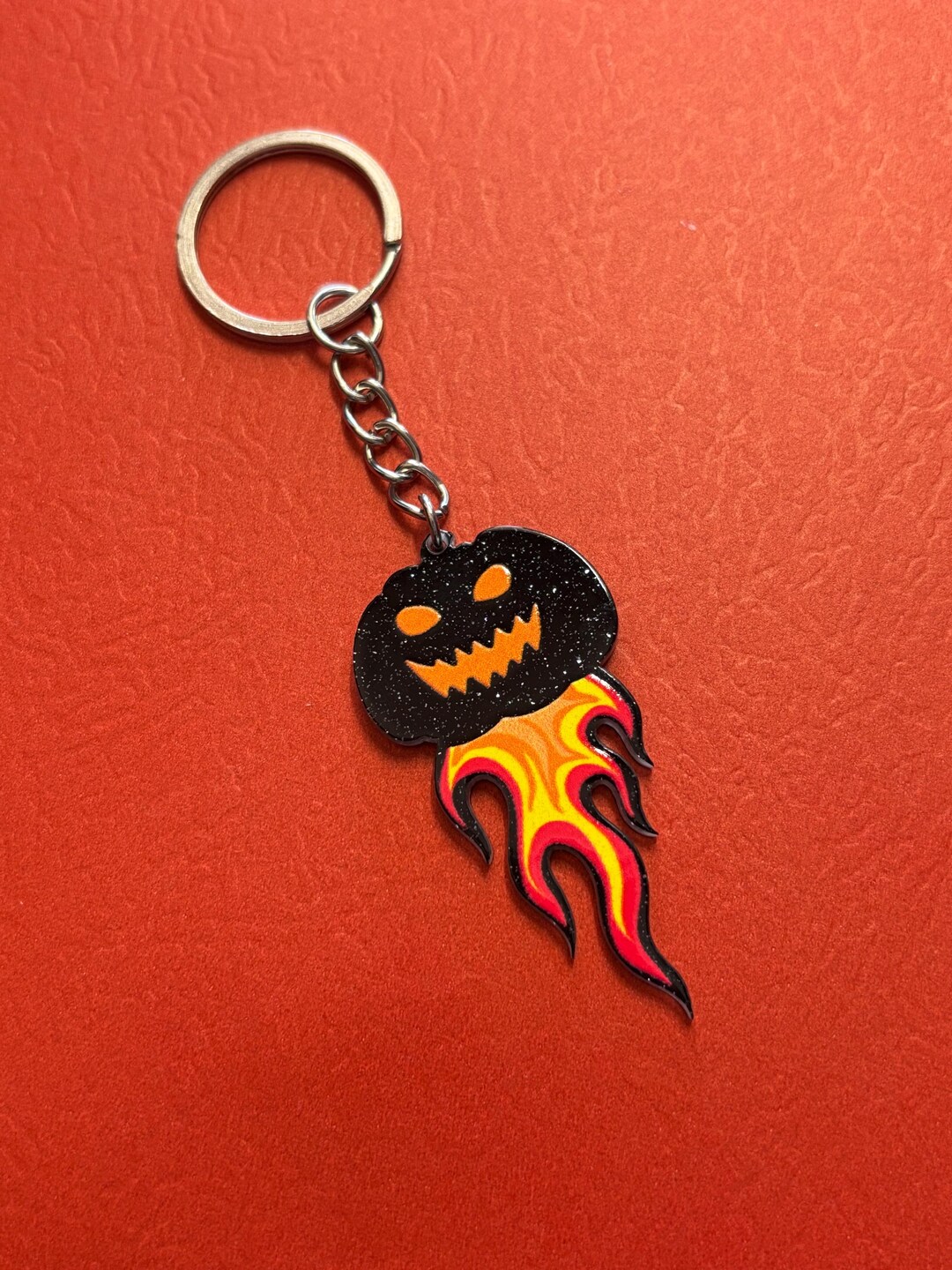 Flaming Jack-o-lantern Black Pumpkin Keychain With Stainless Steel Ring ...