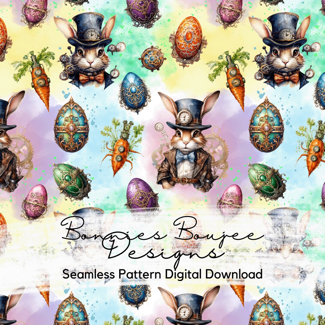 Steampunk Easter Bunny Seamless Pattern, Colorful Easter Egg Designs ...
