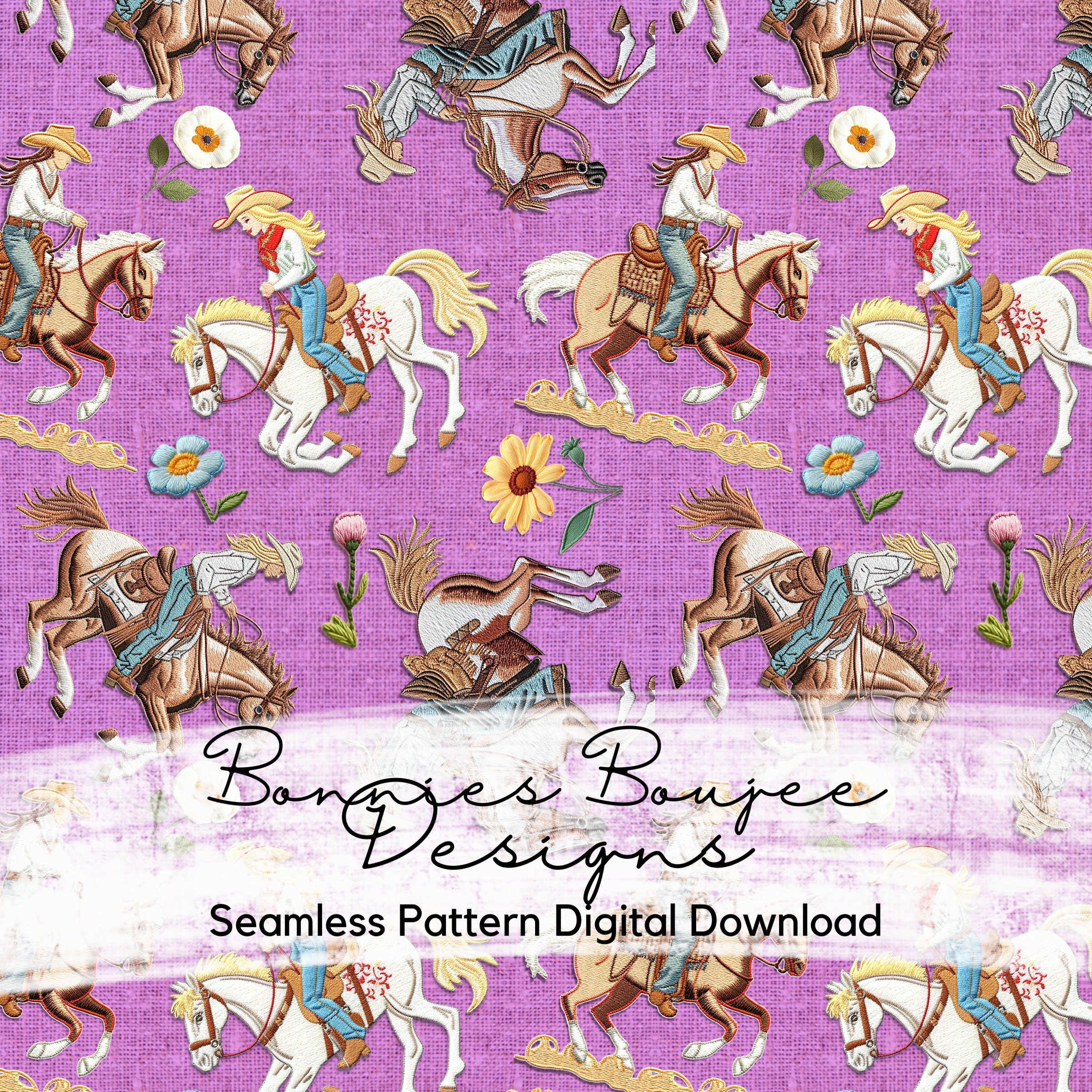 Embroidery Cowgirl Seamless Pattern on Purple - Western and Country ...