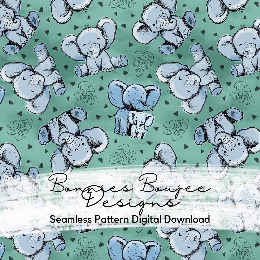 Hand Drawn Cute Baby Elephant Seamless Pattern on Green Seamless File ...