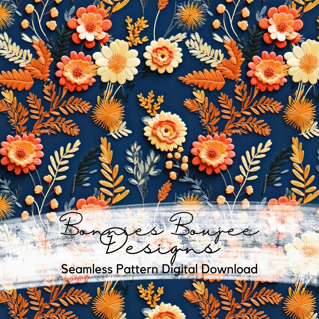 Embroidery Boho Fall Flowers Seamless File on Navy - Simple Fall ...
