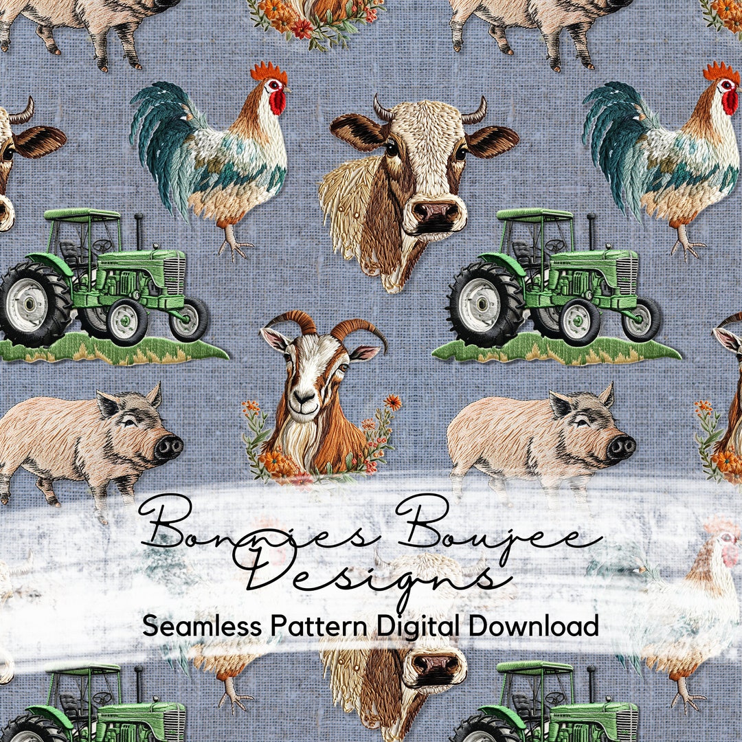 Farm Seamless Pattern, Faux Embroidery Seamless, Farmhouse Seamless ...