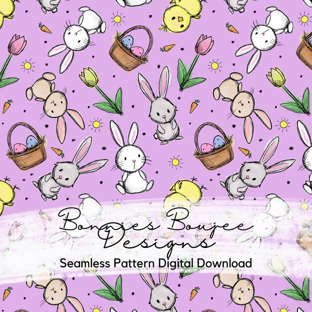 Hand Drawn Easter Bunny Seamless Pattern on Purple, Kids Seamless File ...