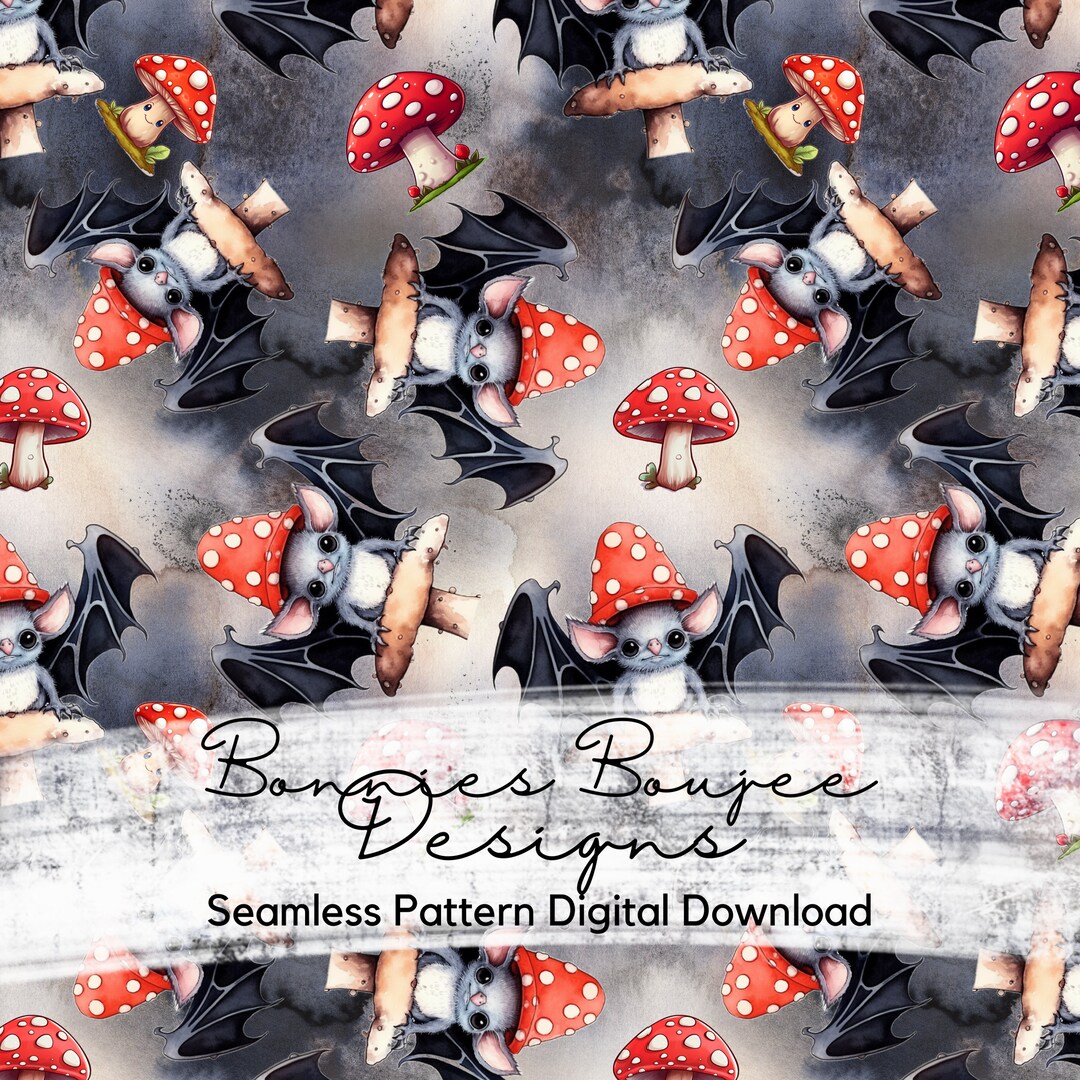 Bat and Mushroom Seamless Pattern, Halloween Fabric Design (digital ...
