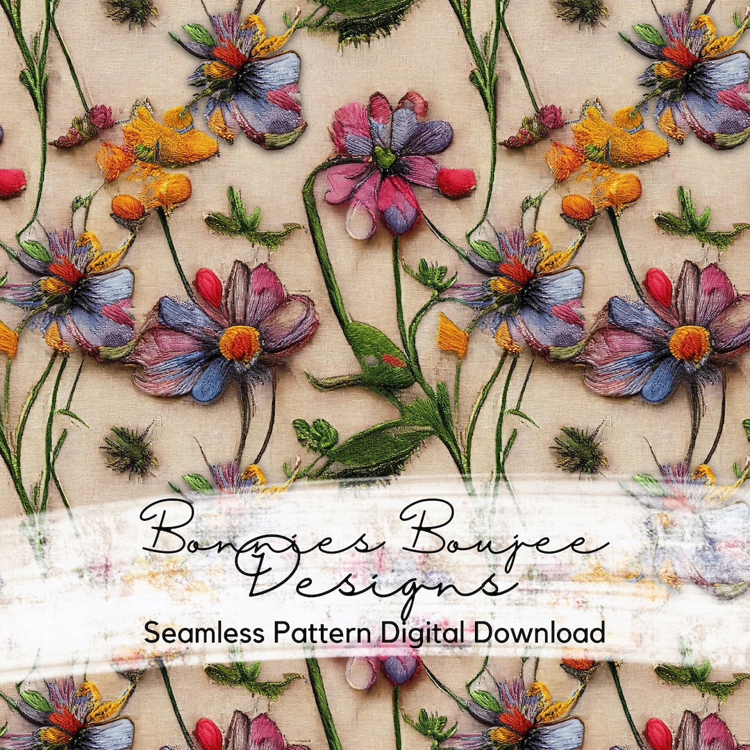 Faux Embroidery Seamless Pattern, Wildflowers Seamless, Digital ...