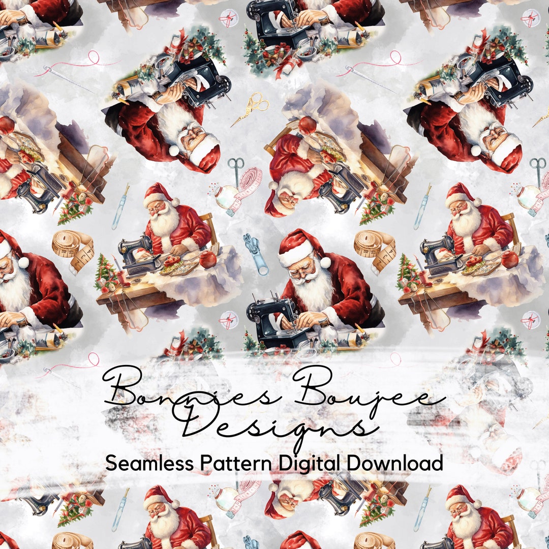 Santa Sewing Machine Watercolor Christmas Seamless File - Etsy