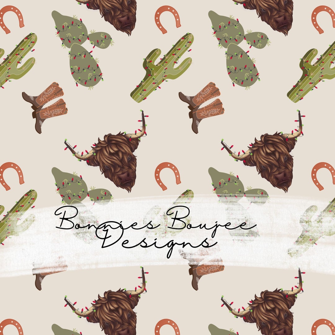 Highland Cow Christmas Seamless File Cactus Boots Lights Winter ...