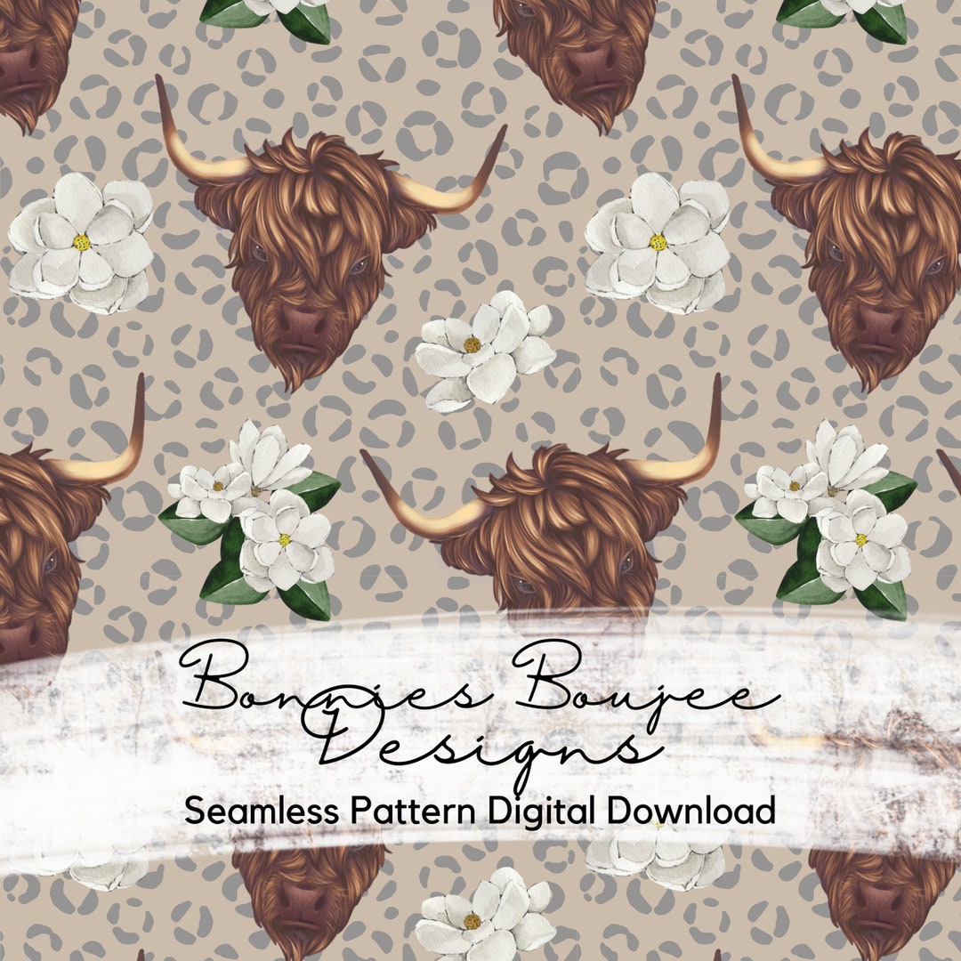 Highland Cow and Magnolia Seamless File - With Leopard Print, White ...