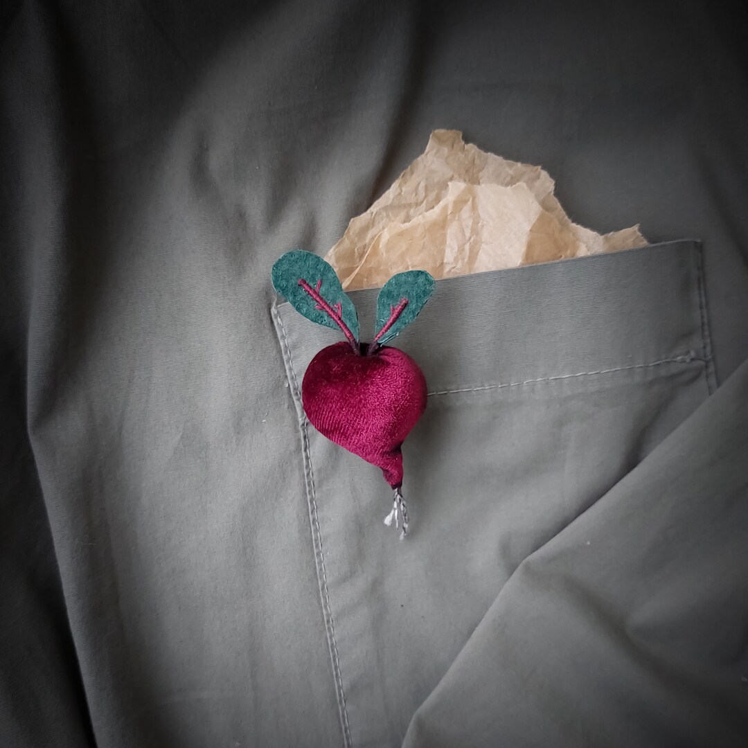 Textile & Leather Beet Brooch, Rustic Style, Costume Jewelry, Textile ...