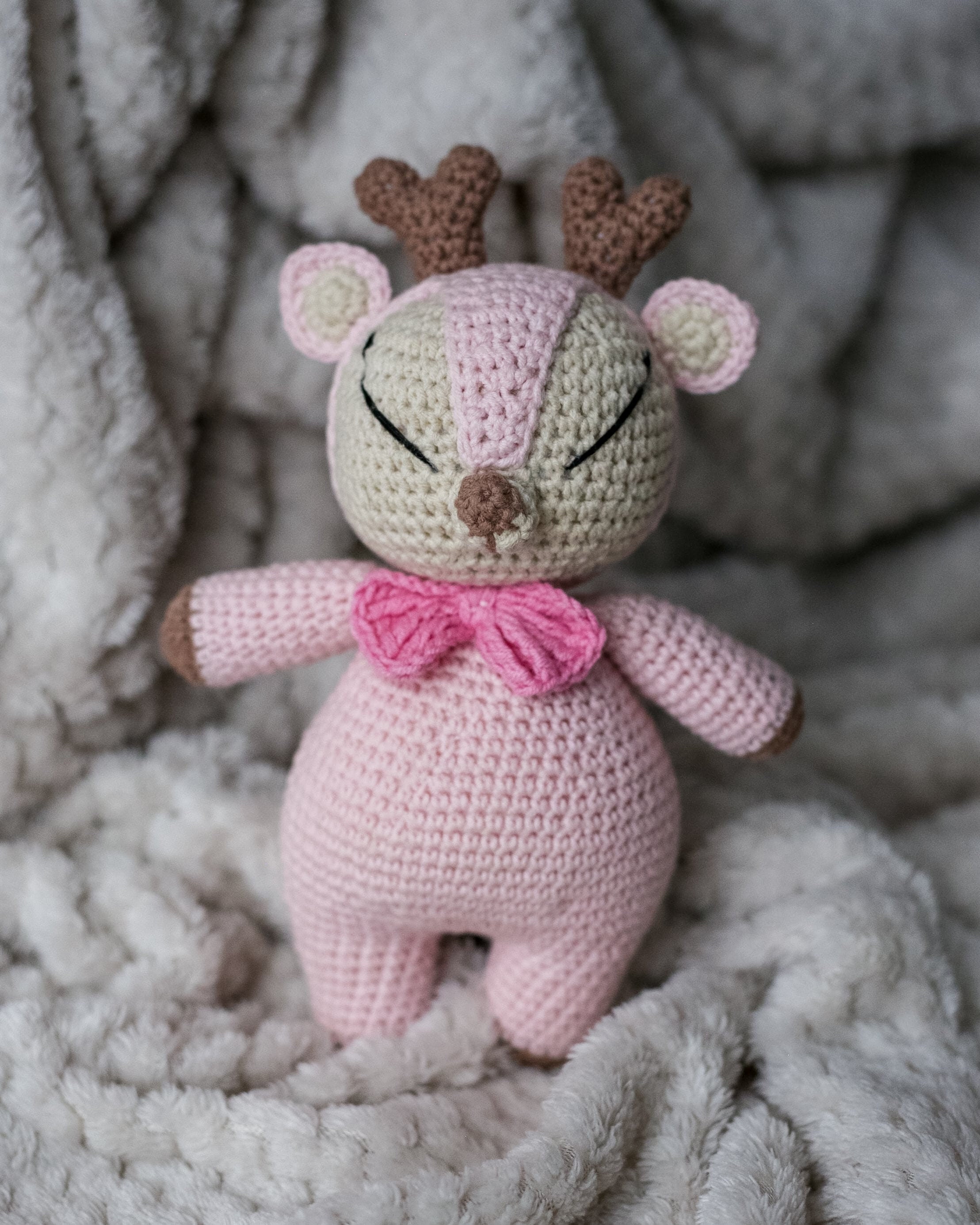 Handmade Pink Deer Gift Box, Crochet Plush Toy Rattle and Merino Wool ...