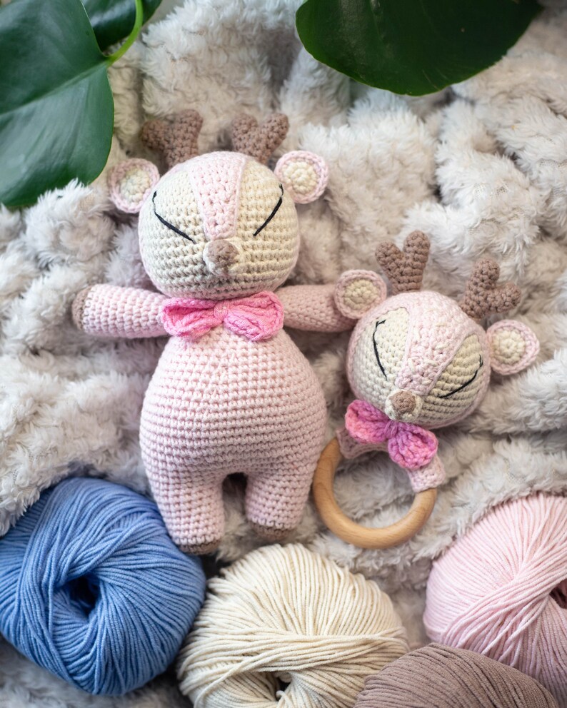 Handmade Pink Deer Gift Box, Crochet Plush Toy Rattle and Merino Wool ...
