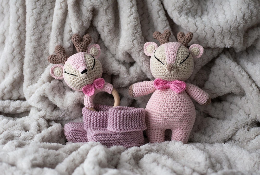 Handmade Pink Deer Gift Box, Crochet Plush Toy Rattle and Merino Wool ...
