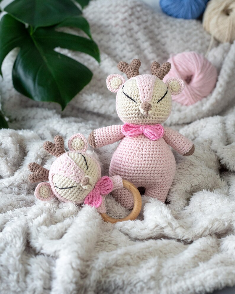 Handmade Pink Deer Gift Box, Crochet Plush Toy Rattle and Merino Wool ...