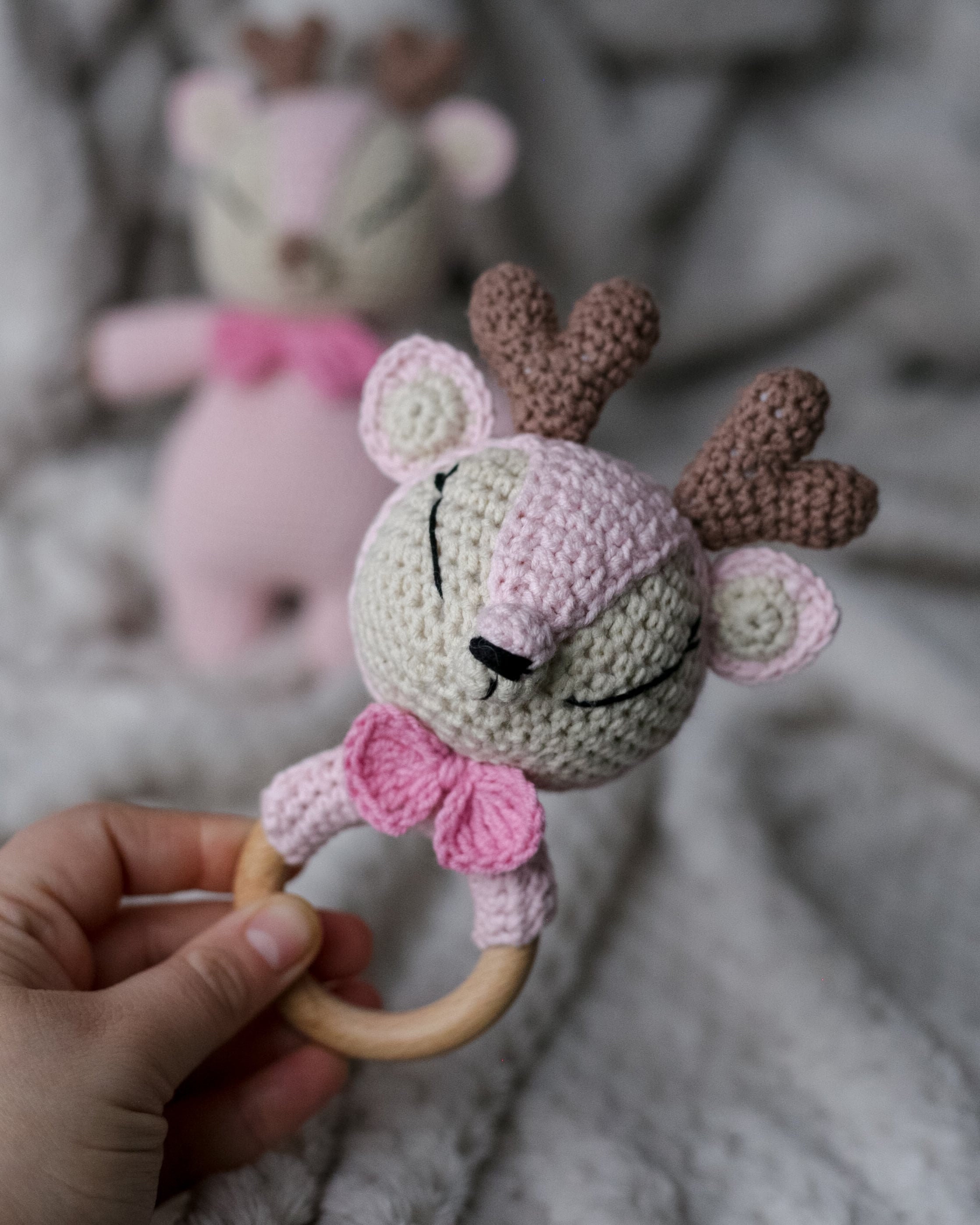 Handmade Pink Deer Gift Box, Crochet Plush Toy Rattle and Merino Wool ...