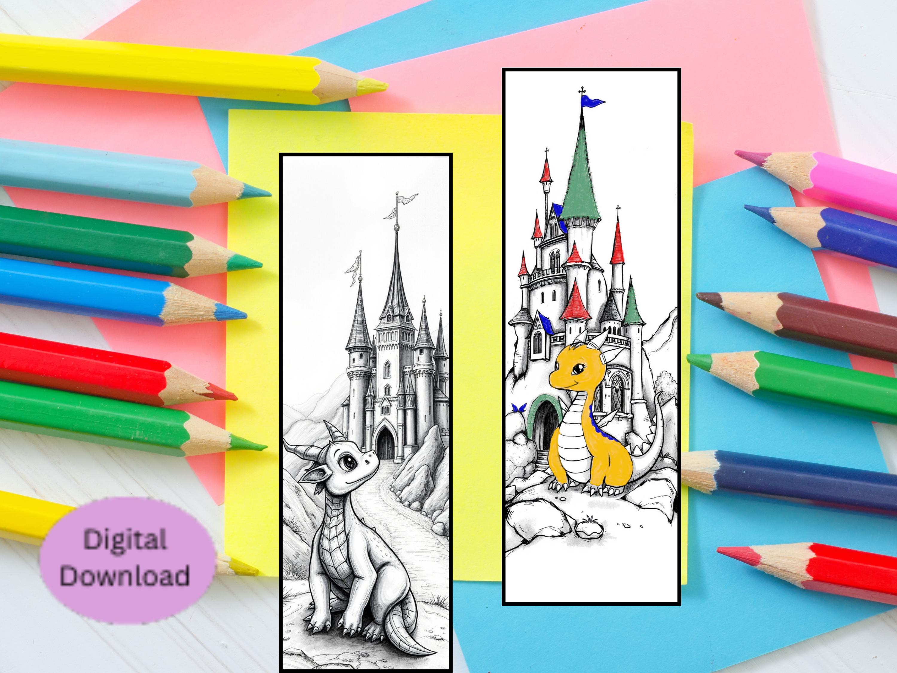 Printable Dragon Coloring Bookmarks, Castle Fantasy Bookmarks for ...