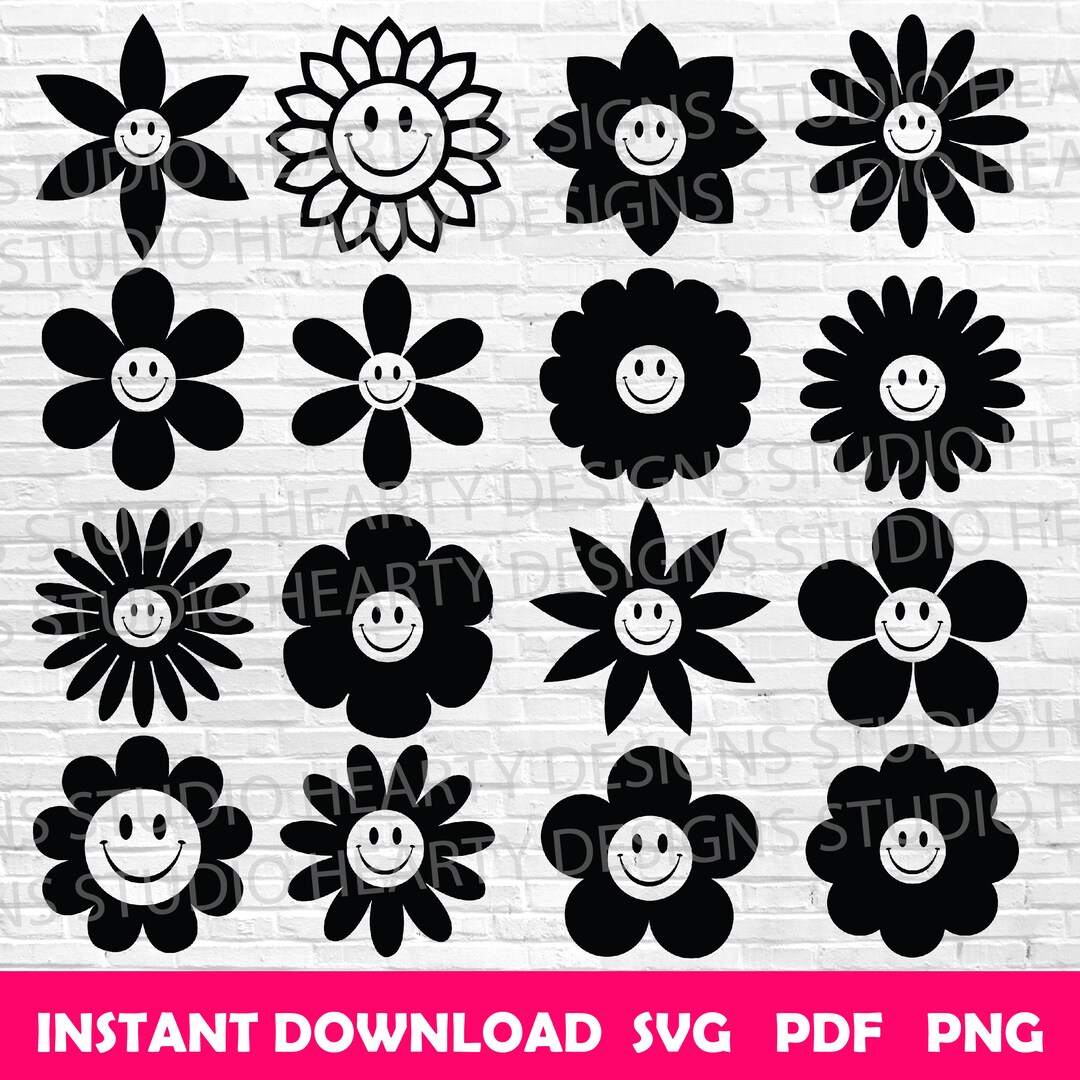 Happy Face Flower SVG Bundle: Smiling Flower Vectors (digital Download ...