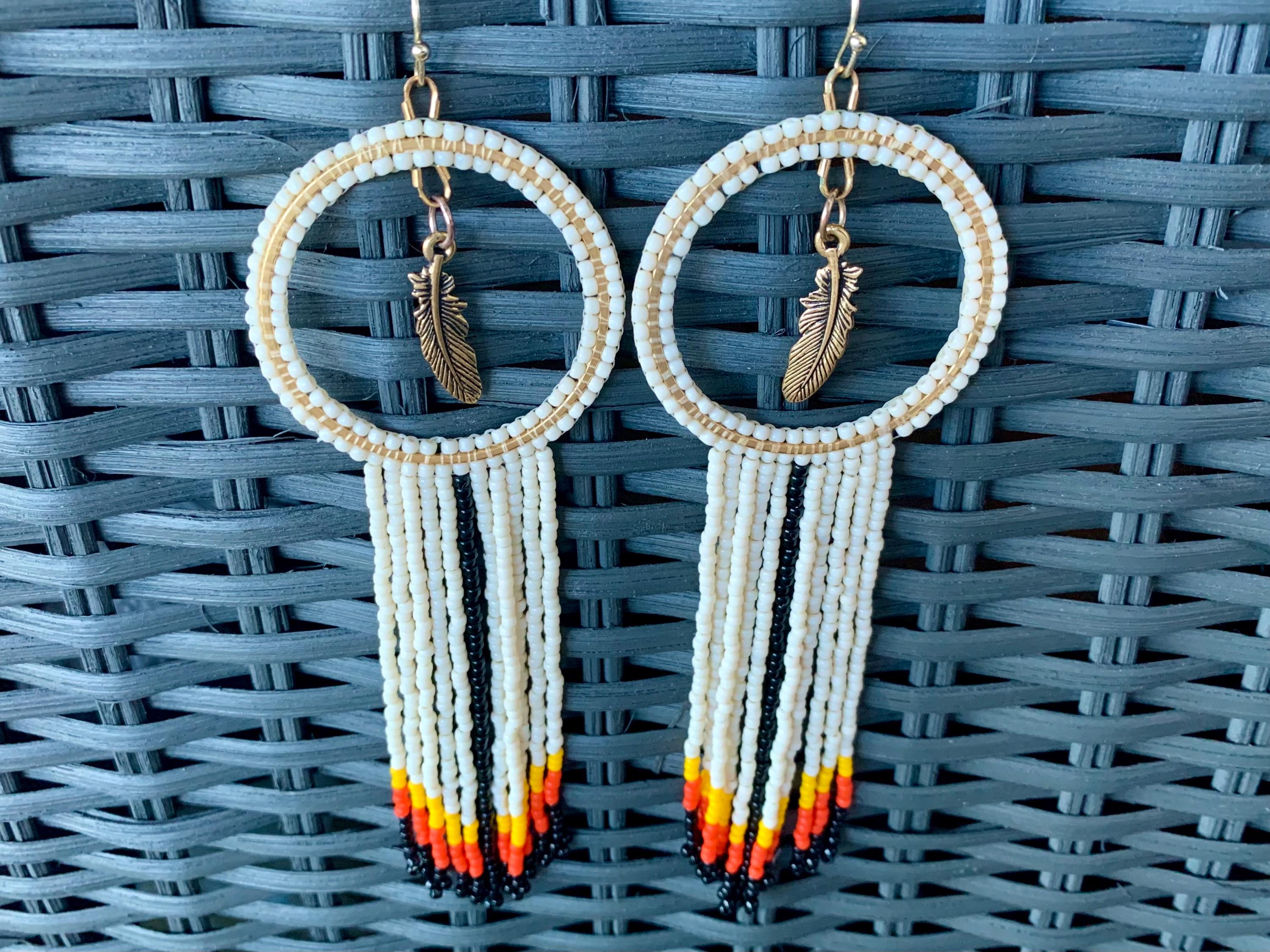 Native American Round Beaded Frame Fringe Earrings W/feather Charm - Etsy