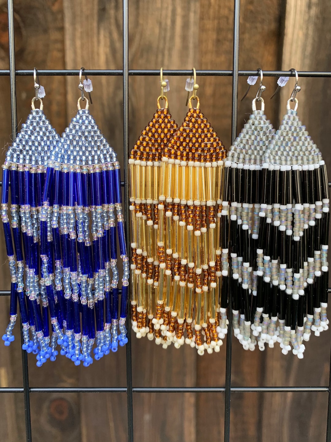 Hand Beaded Authentic Native American Fringe Earrings, Chevron Design ...