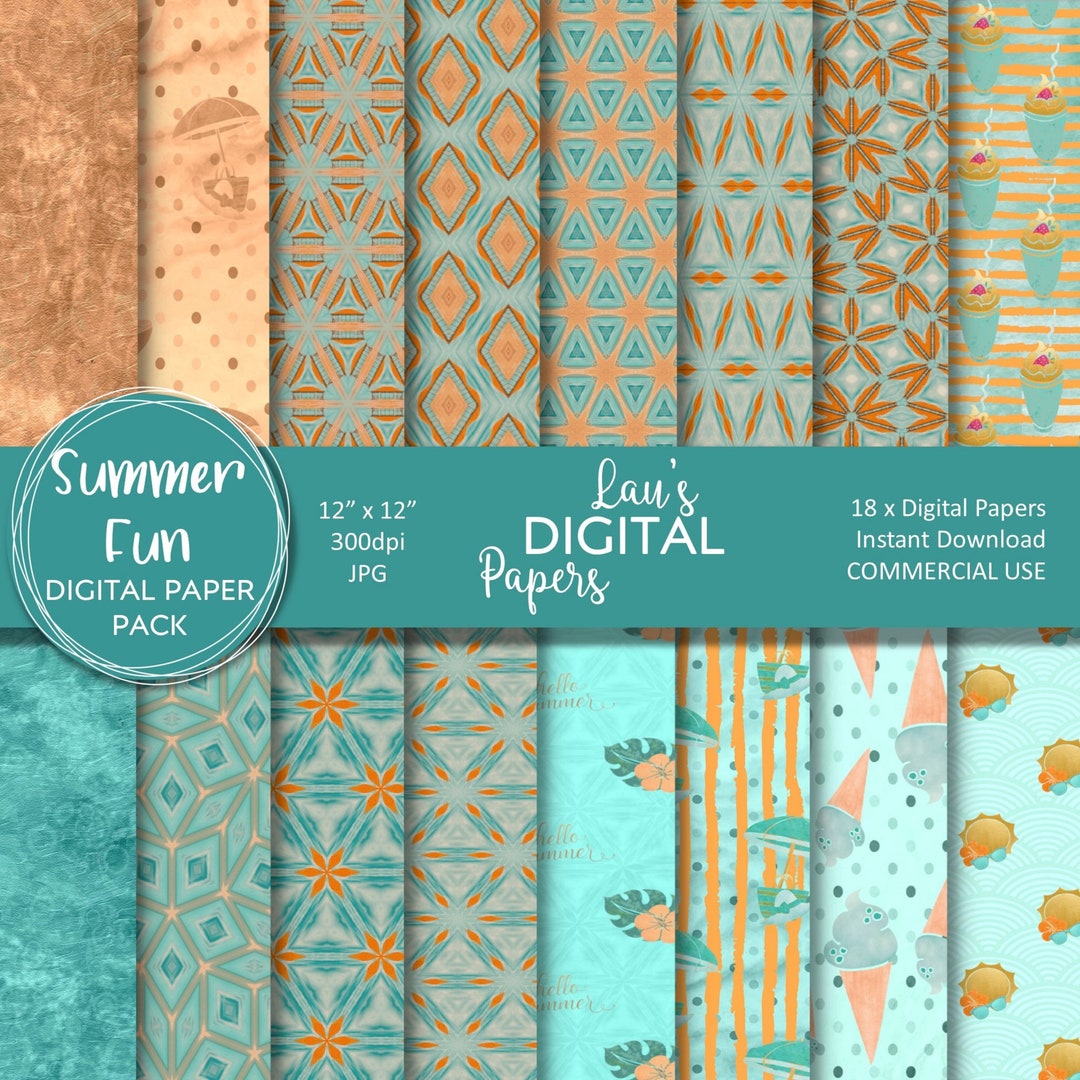 Digital Paper Pack, Turquoise & Orange Beach Scene, Summer Fun ...