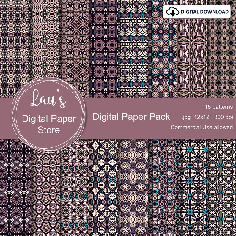 Digital Paper Pack, Purple Tribal Design, Mexican Design, Aztec Art ...